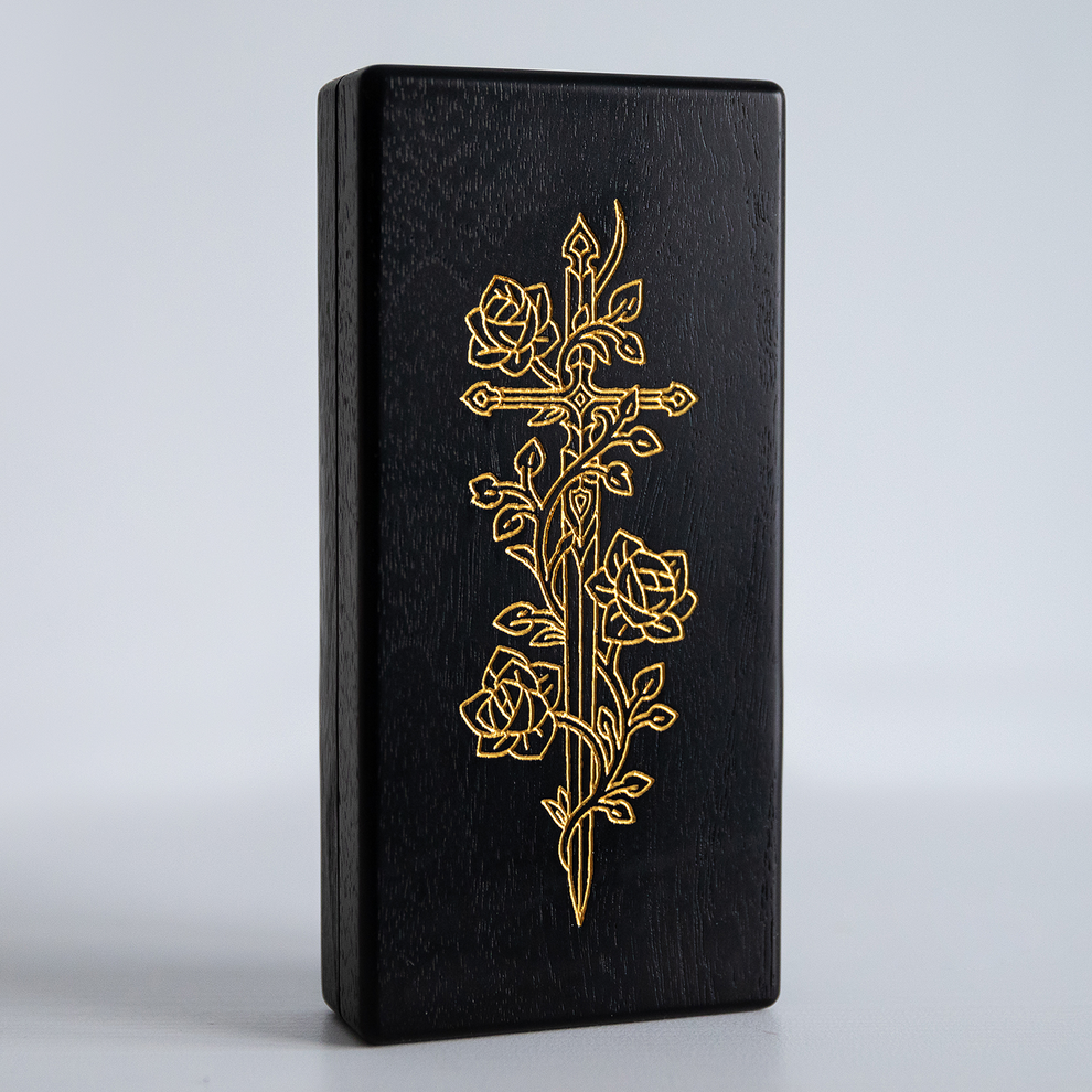 Gilded Sword - Black and Gold Engraved Wooden Dice Vault for DnD ...