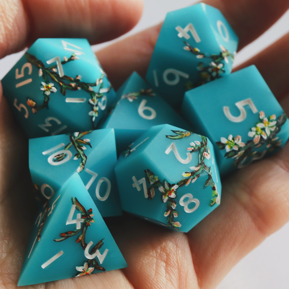 Almond Blossoms Handpainted Dice - Sharp Edge Resin Dice Set ...