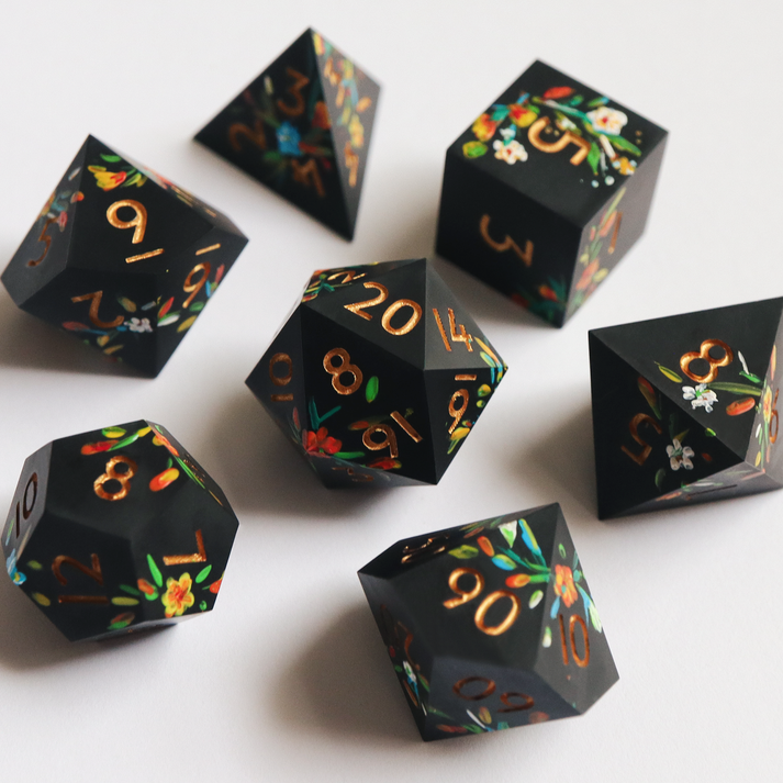 Fey Illuminations - hand-painted & handmade sharp edge 7 piece dice se ...