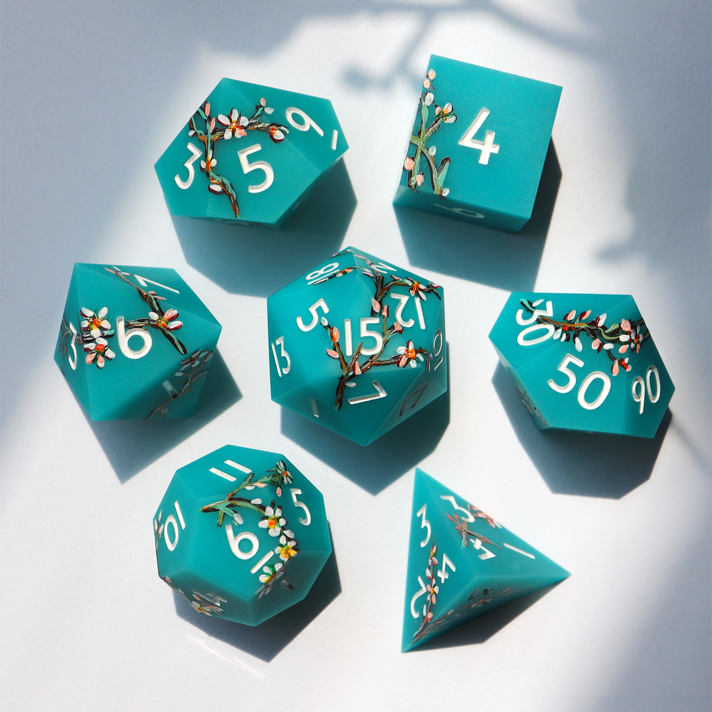 Almond Blossoms Handpainted Dice - Sharp Edge Resin Dice Set ...
